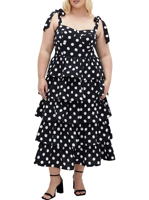City Chic Elina Polka Dot Tiered Midi Dress - Spot