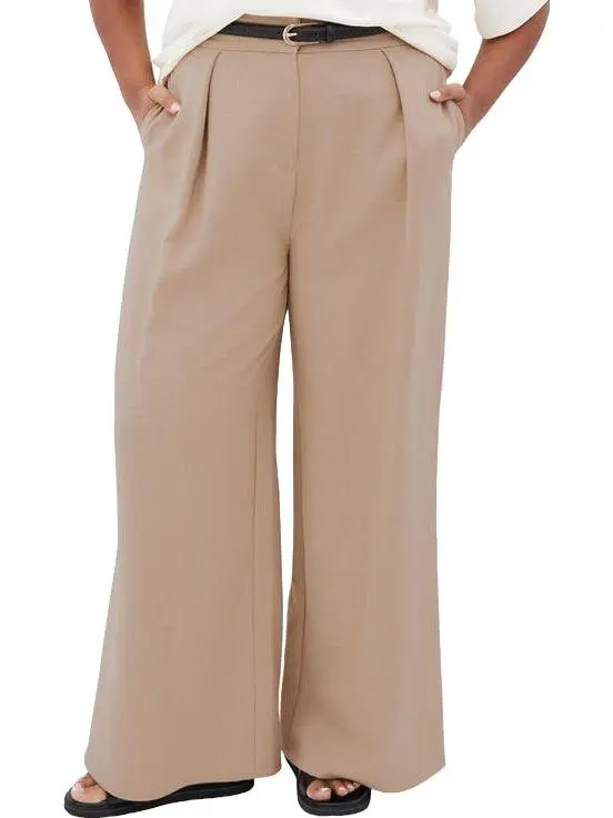City Chic Tori Front Pleat Wide Leg Pants - Taupe