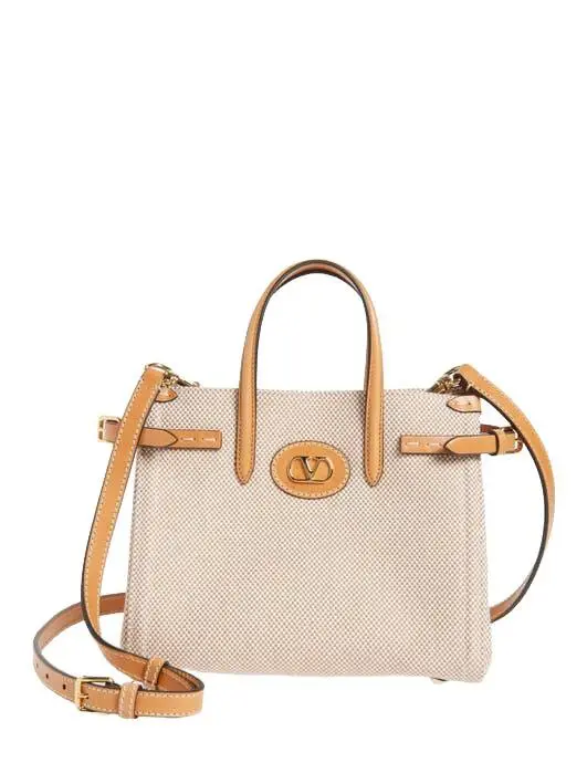 Valentino Garavani Small Antibes Canvas Tote - Camel/ Natural