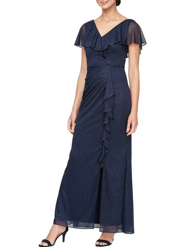 SL FASHIONS Beaded Shimmer Capelet Gown - Navy