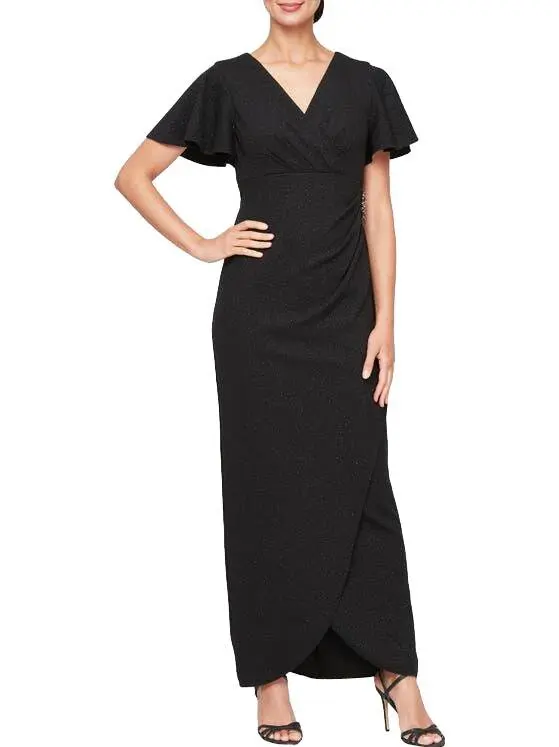 SL FASHIONS Flutter Sleeve Glitter Gown - Black