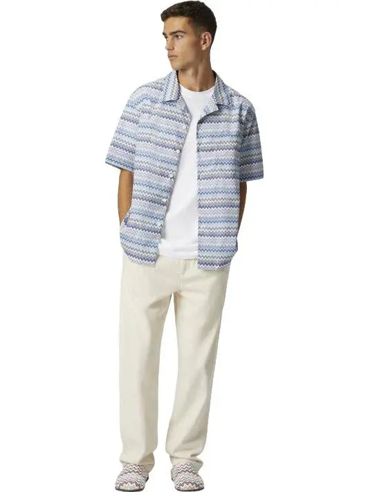 Missoni Zig Zag Cotton Poplin Bowling Shirt With Breast Pocket - Blue & Grey