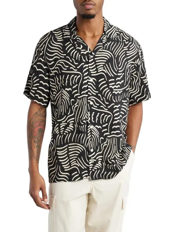 Oas Lorenzo Abstract Botanic Print Viscose Camp Shirt - Black