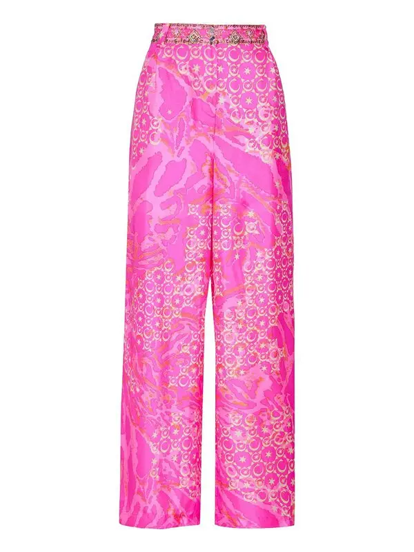 Camilla Crystal-embellished Printed Silk-twill Pants - Bright Pink