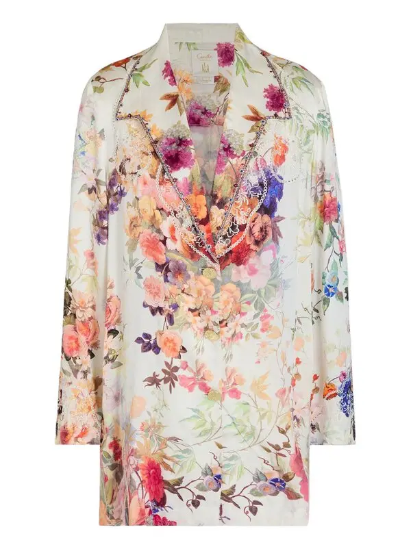 Camilla Crystal-embellished Floral-print Silk-satin Blazer - Off-white