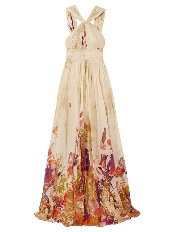 Zuhair Murad Antique Shard Metallic Printed Silk-chiffon Gown - Neutrals