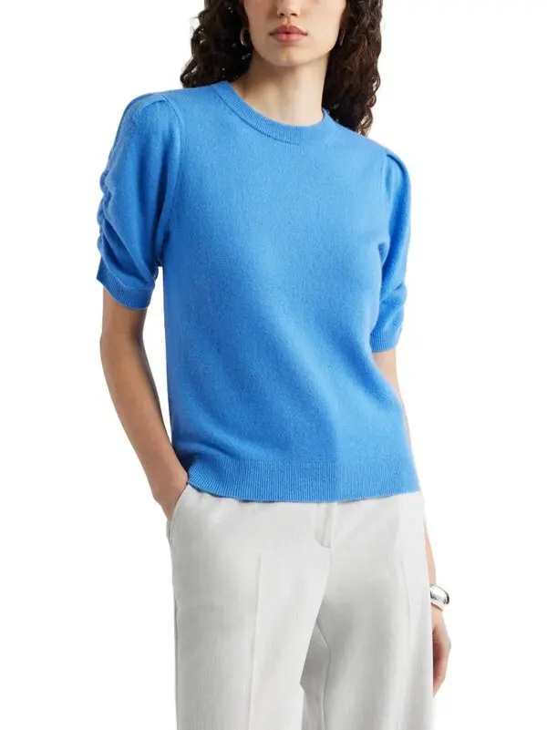 Nordstrom Ruched Short Sleeve Cashmere Sweater - Blue Stream