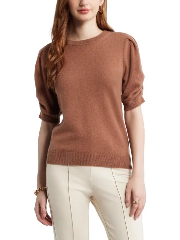 Nordstrom Ruched Short Sleeve Cashmere Sweater - Brown Clove