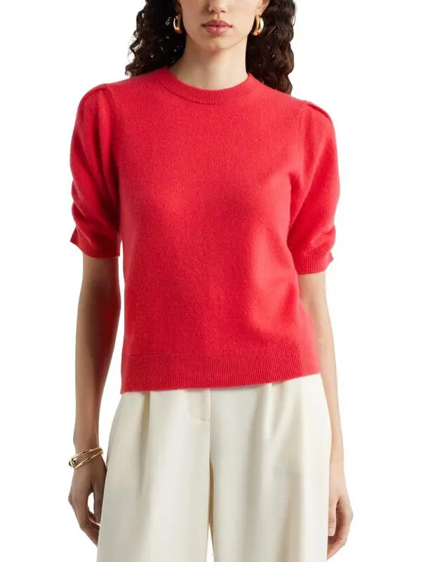 Nordstrom Ruched Short Sleeve Cashmere Sweater - Red Saucy