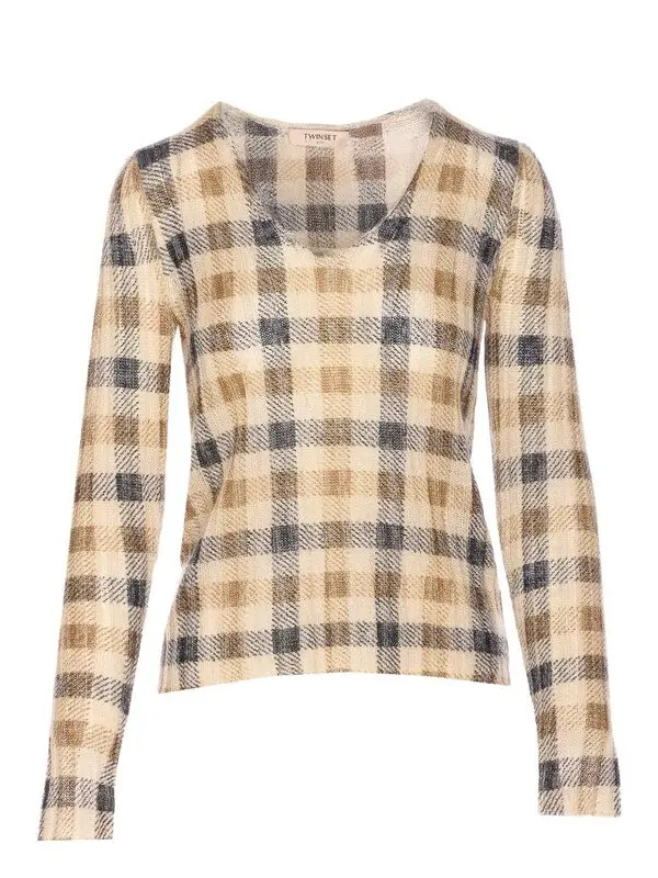 TWINSET Long Sleeve Sweater With Check Motif - Brown
