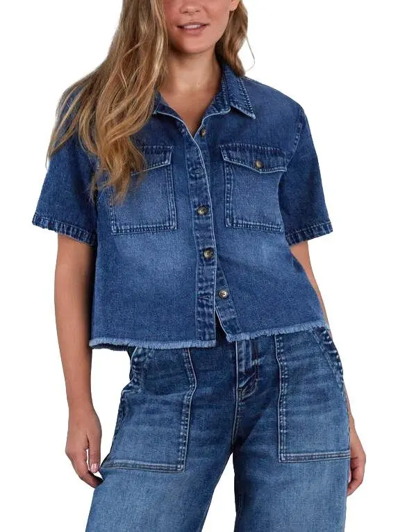 HINT OF BLU Emily Frayed Short Sleeve Denim Shirt - Caribbean Blue