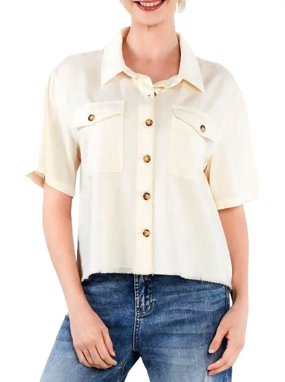 HINT OF BLU Emily Frayed Short Sleeve Denim Shirt - Eggshell
