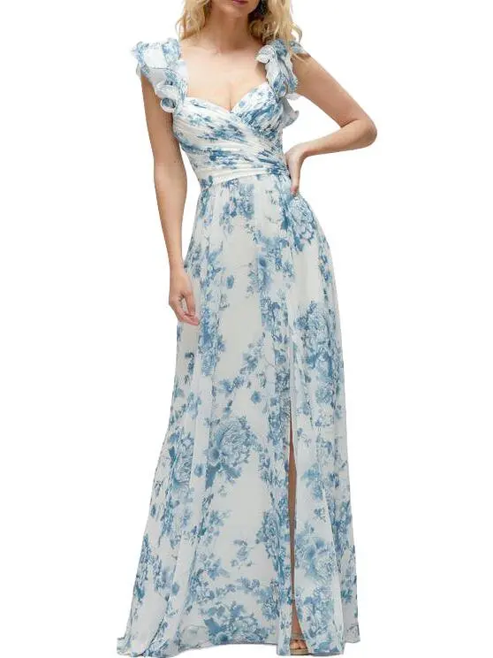 After Six Ruffle Strap Chiffon Gown - Cottage Rose-dusk Blue Print