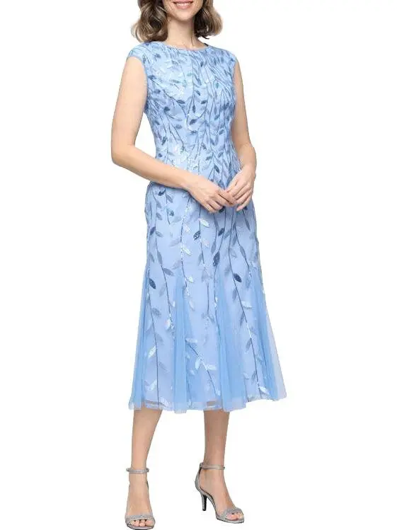 Alex Evenings Sequin Leaf Embroidered Midi Dress - Hydrangea