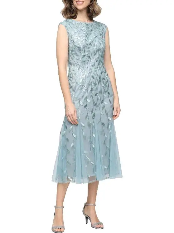 Alex Evenings Sequin Leaf Embroidered Midi Dress - Ice Sage