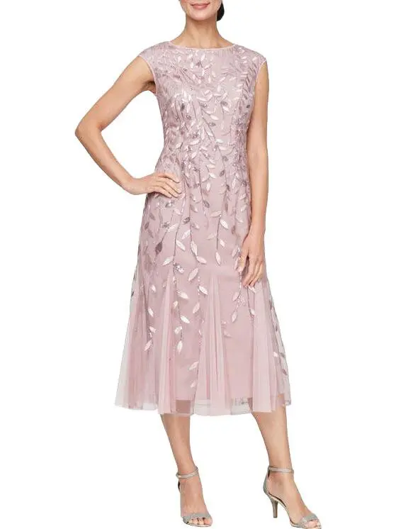 Alex Evenings Sequin Leaf Embroidered Midi Dress - Rose