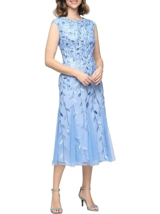 Alex Evenings Sequin Leaf Embroidered Midi Dress - Hydrangea