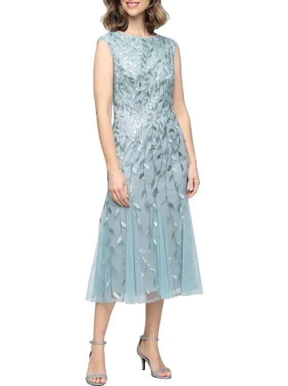 Alex Evenings Sequin Leaf Embroidered Midi Dress - Ice Sage