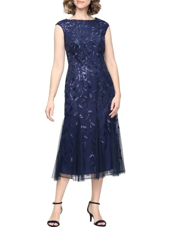 Alex Evenings Sequin Leaf Embroidered Midi Dress - Navy