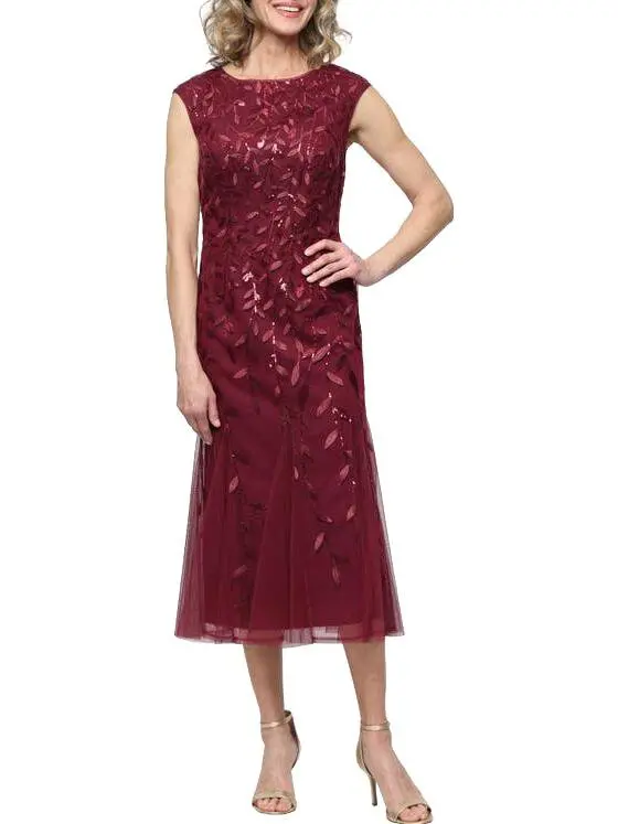 Alex Evenings Sequin Leaf Embroidered Midi Dress - Wine