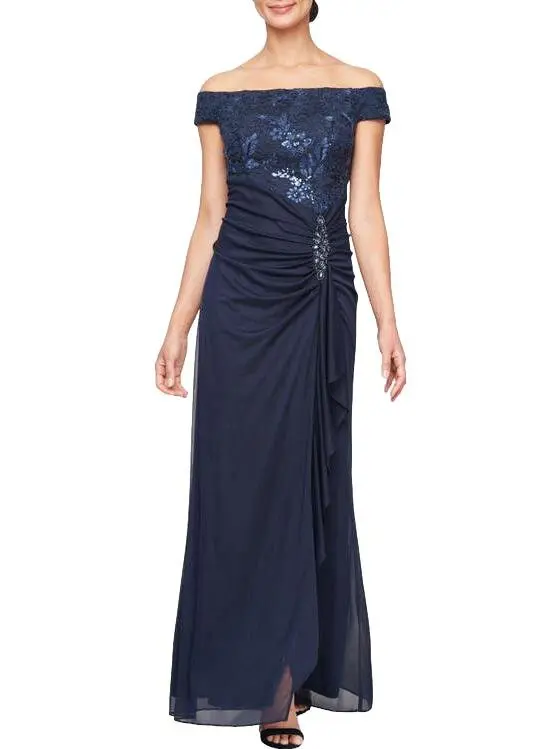 Alex Evenings Sequin Embroidered Lace Gown - Navy