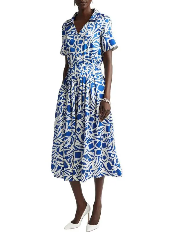 St. John Botanical Cutout Midi Shirt Dress - Sapphire/ Ivory
