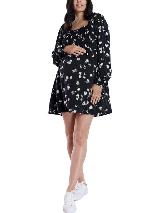 Motherhood Maternity Smocked Babydoll Mini Dress - Black Floral
