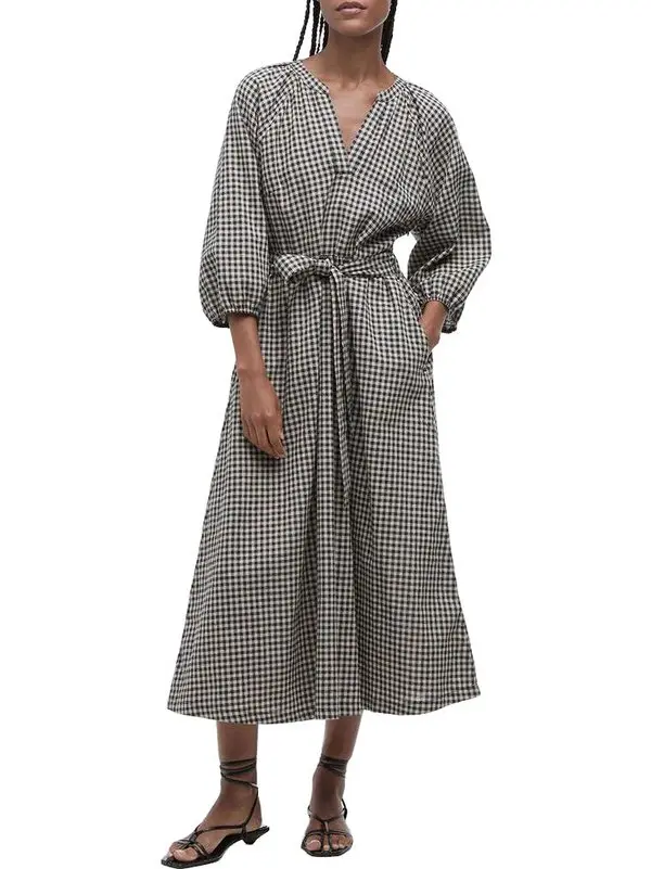 Barbour Suri Gingham Cotton & Linen Midi Dress - Dark Navy Light Sand