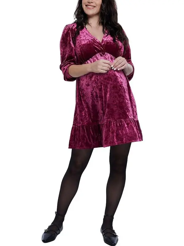 Motherhood Maternity V-neck Ruffle Hem Babydoll Maternity Dress - Beet Red