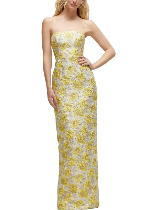 Alfred Sung Golden Metallic Jacquard Strapless Column Gown - Golden Yellow