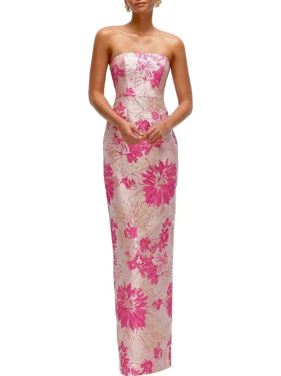 Alfred Sung Metallic Floral Jacquard Strapless Column Gown - Pink Multi