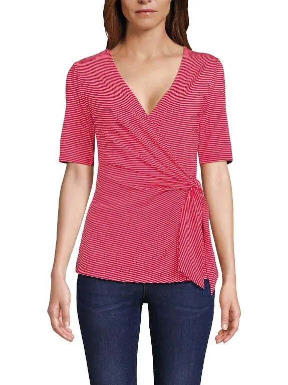 LANDS' END Elbow Sleeve Jersey Side Tie Blouse - Berry Rouge Tiny Stripe