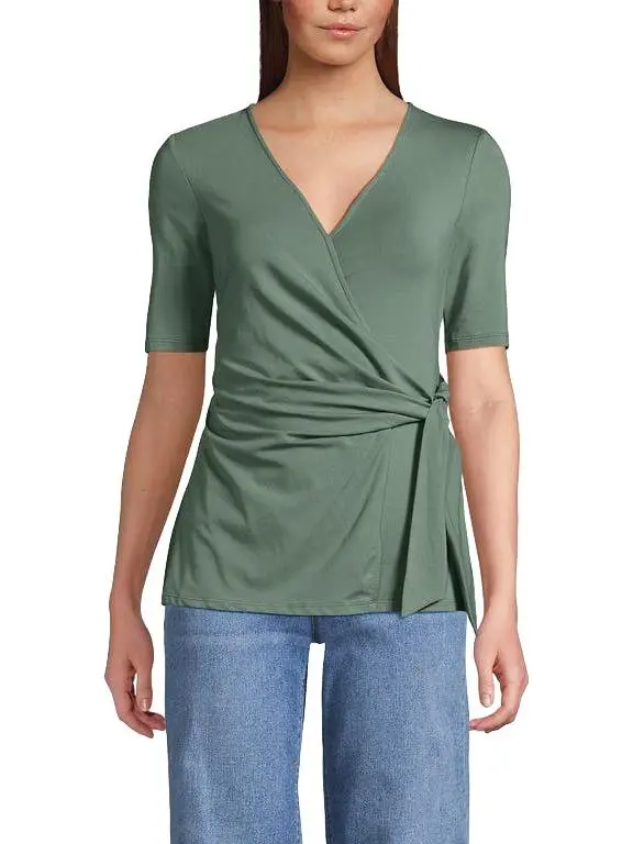LANDS' END Elbow Sleeve Jersey Side Tie Blouse - Lily Pad Green