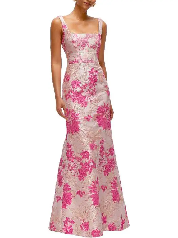Dessy Collection Hibiscus Square Neck Trumpet Gown - Pink Multi