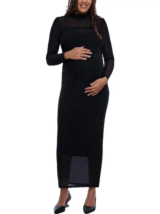 Motherhood Maternity Mesh Turtleneck Maxi Dress - Black Rhinestone