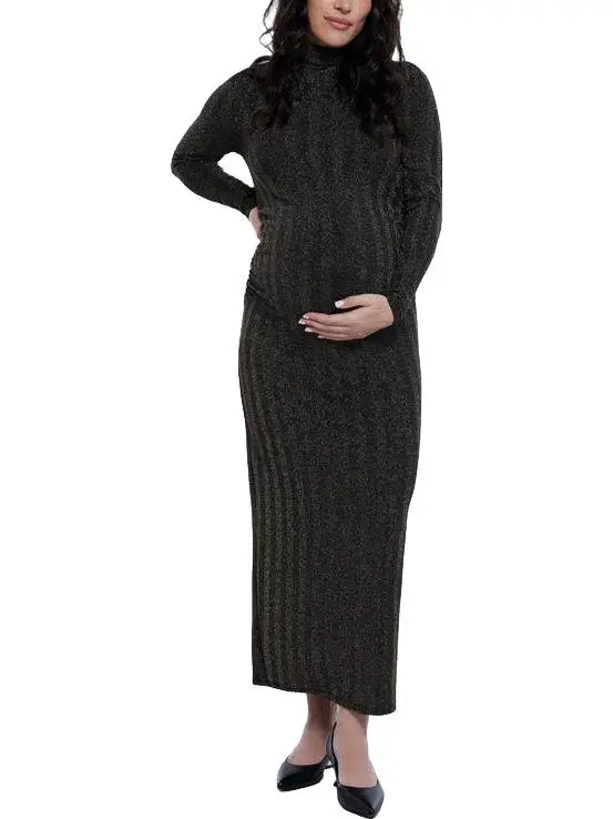Motherhood Maternity Mesh Turtleneck Maxi Dress - Gold Lurex