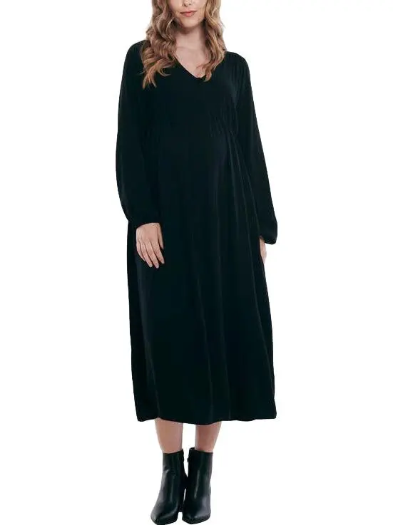 Motherhood Maternity Long Sleeve Button Front Maternity Midi Dress - Black