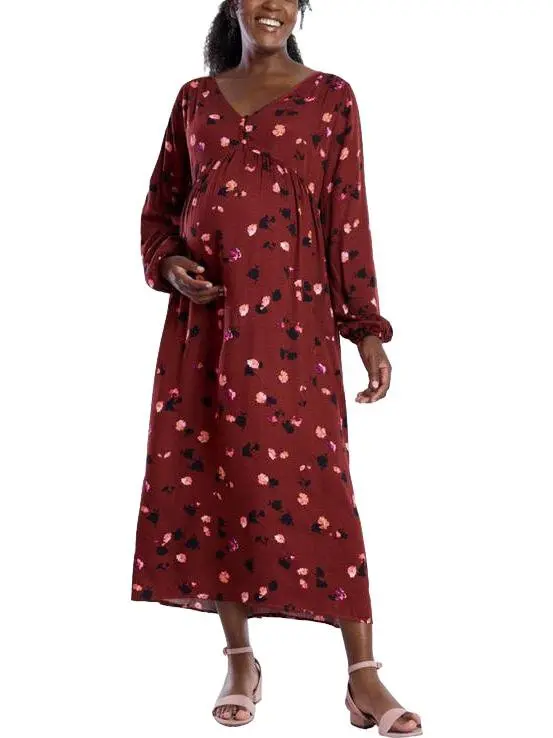 Motherhood Maternity Long Sleeve Button Front Maternity Midi Dress - Brick Floral