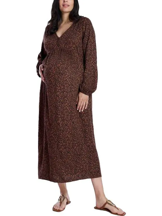 Motherhood Maternity Long Sleeve Button Front Maternity Midi Dress - Brown Animal