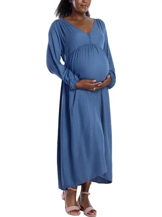 Motherhood Maternity Long Sleeve Button Front Maternity Midi Dress - Vintage Indigo