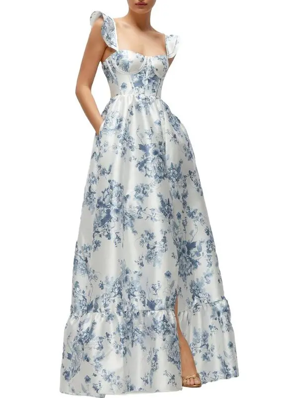 Dessy Collection Floral Satin-twill Gown - Blue Cottage Rose
