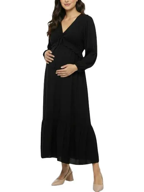 Motherhood Maternity Puff Sleeve Ruffle Midi Maternity Dress - Black