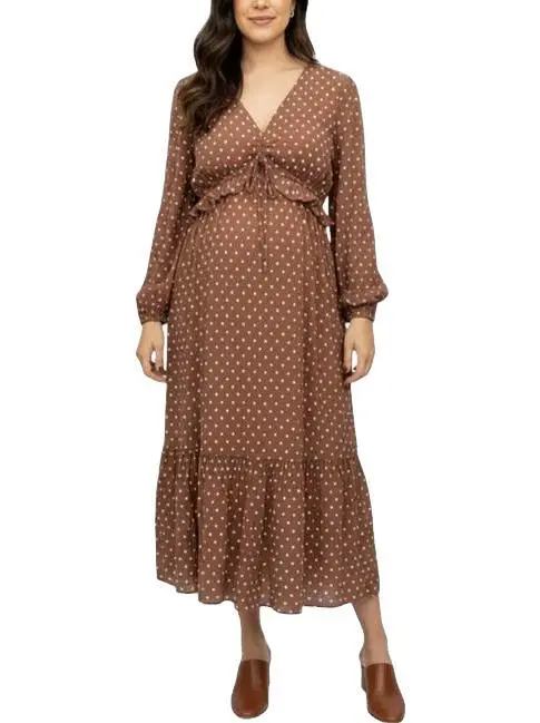 Motherhood Maternity Puff Sleeve Ruffle Midi Maternity Dress - Mocha Mousse & Vanilla Dot