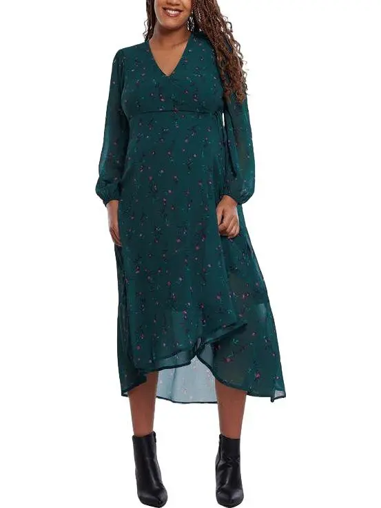 Motherhood Maternity Puff Sleeve Ruffle Midi Maternity Dress - Teal Ditsy