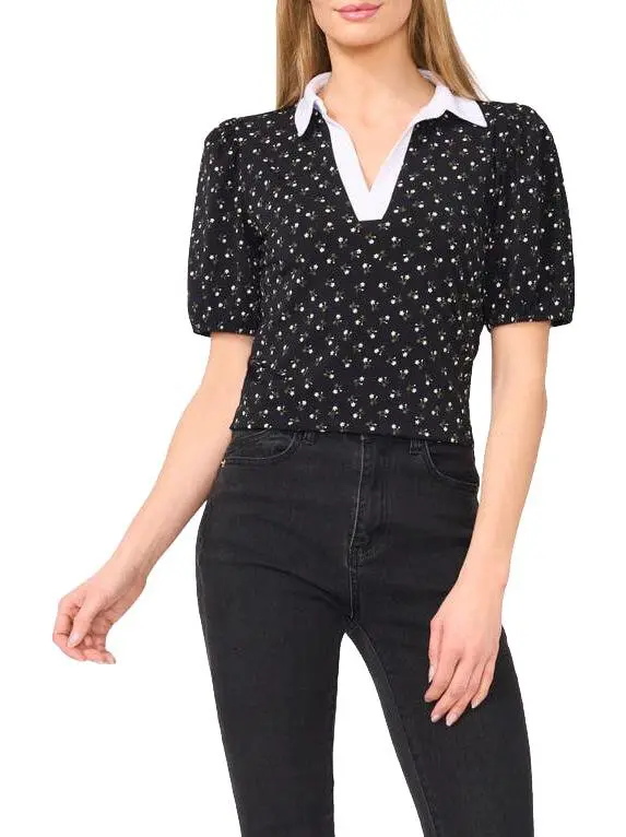 CECE DUPRAZ Puff Sleeve Collared Top - Rich Black