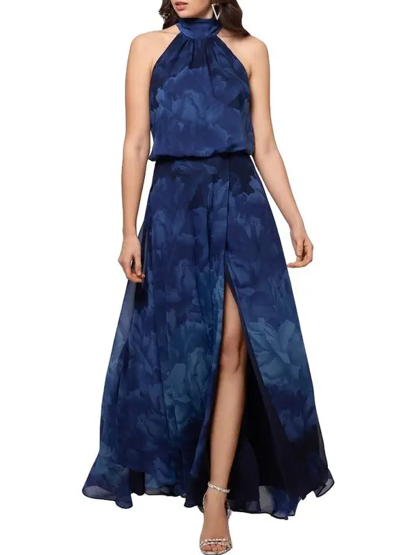 Betsy & Adam Tonal Floral Print Chiffon Gown - Navy/ Blue