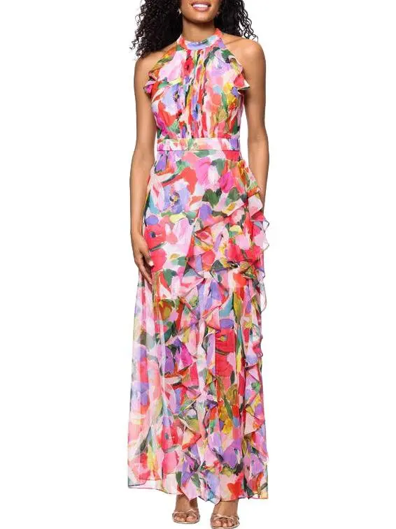 Betsy & Adam Floral High Neck Sheath Gown - Pink Multi