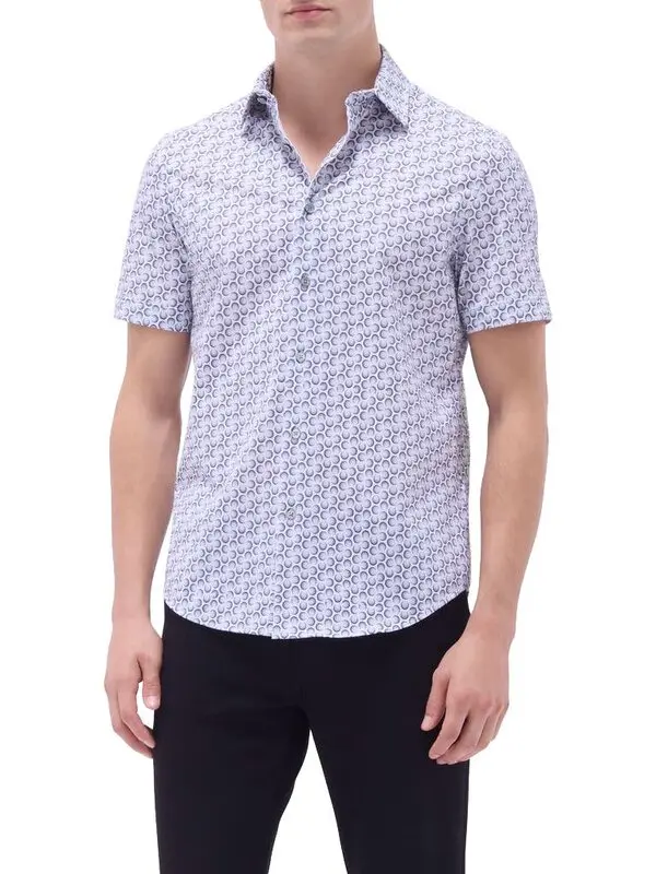 Bugatchi Miles Ooohcotton® Geometric Print Short Sleeve Button-up Shirt - Zinc