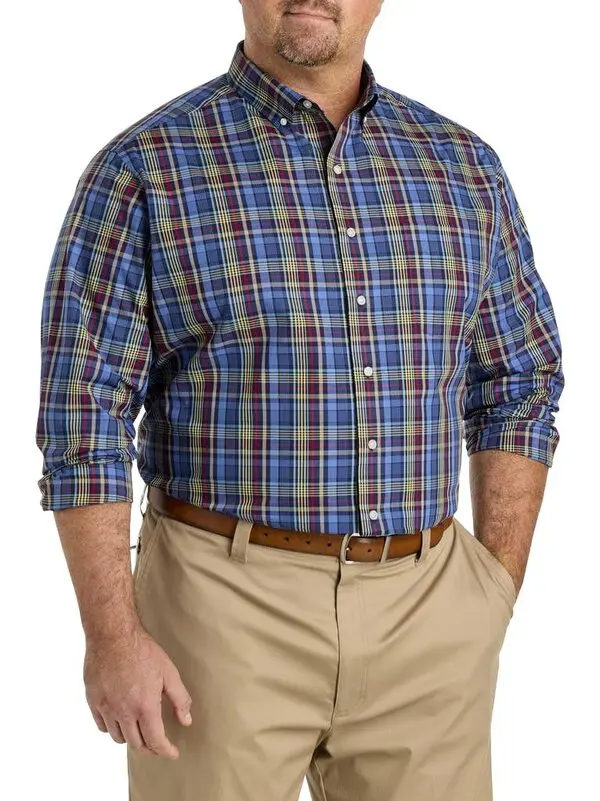 OAK HILL BY DXL Big & Tall Plaid Performance Sport Shirt - Navy