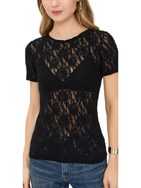 Hanky Panky Floral Lace Short Sleeve Top - Black